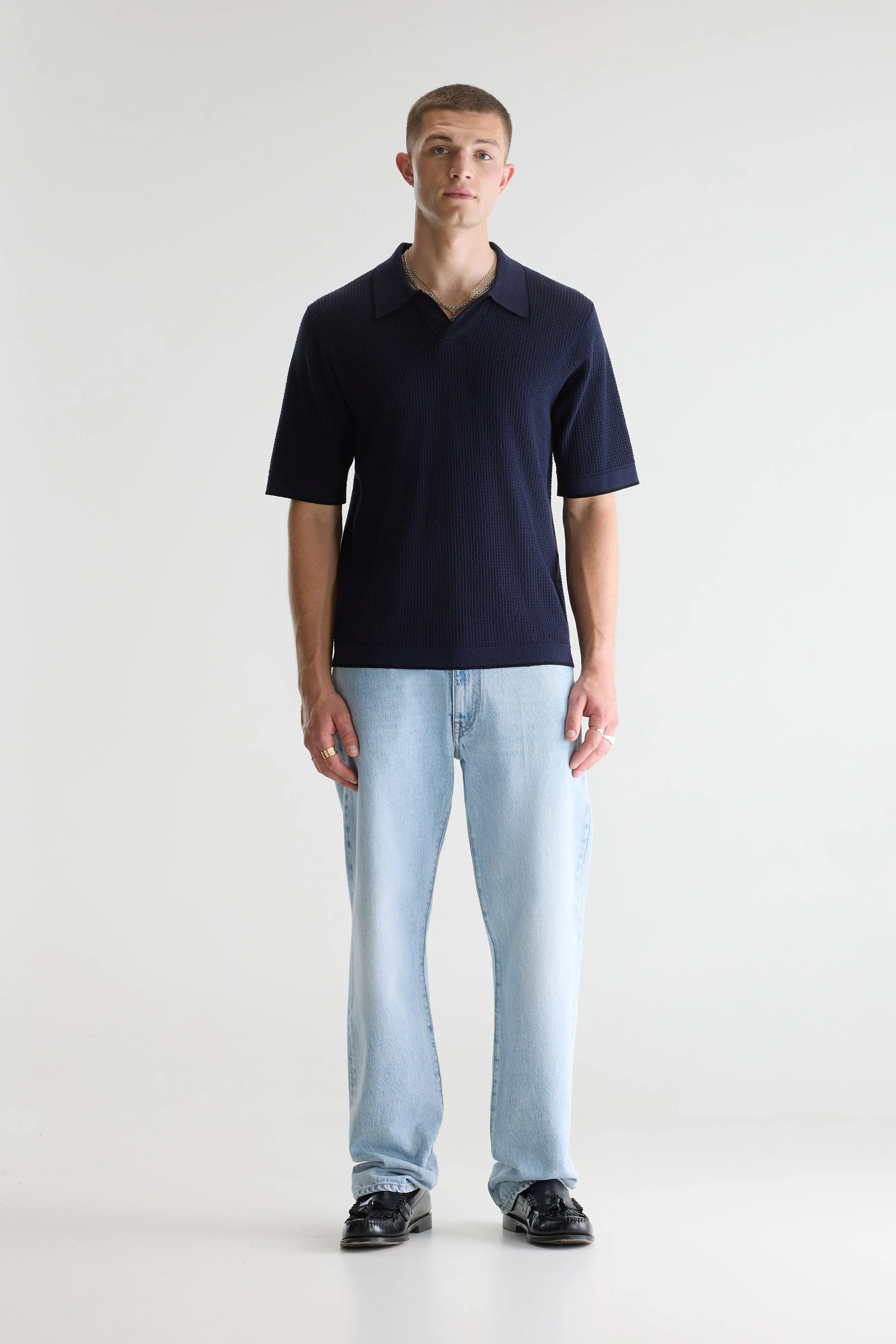 Short sleeve blue waffle knit polo for men | Bellerose